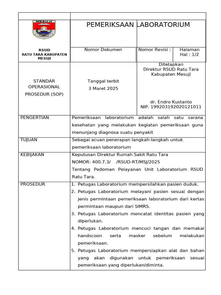 SOP Pemeriksaan Laboratorium | PDF