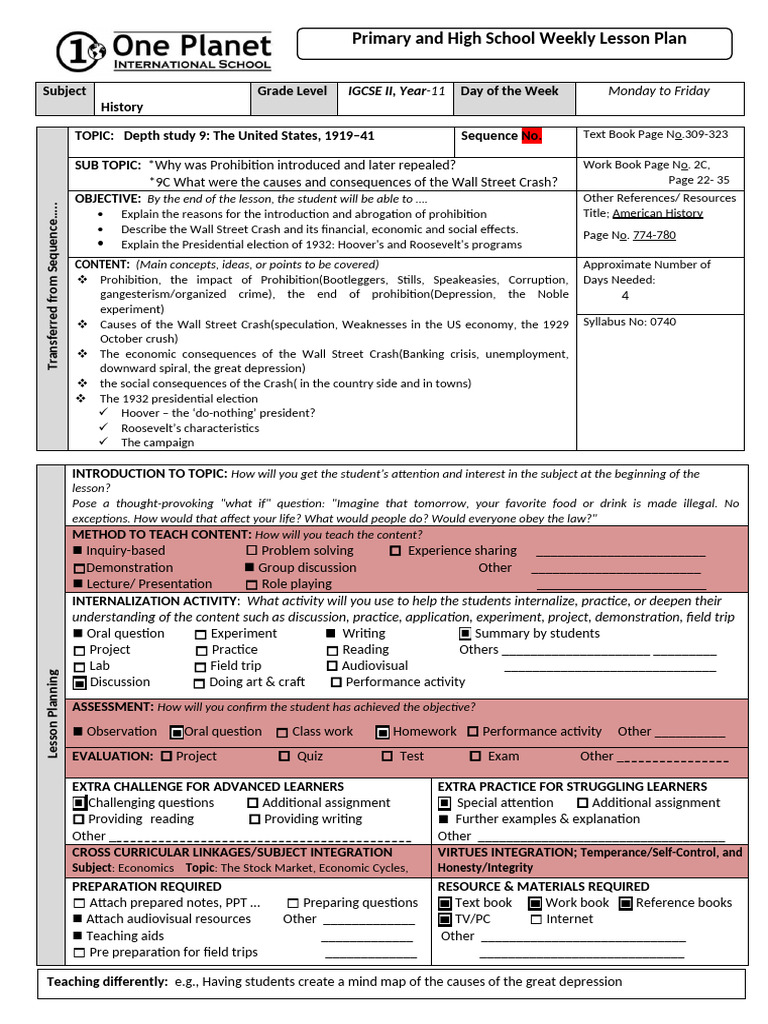 Y-11 History Weekly Lesson Plan | PDF | Cognition | Learning