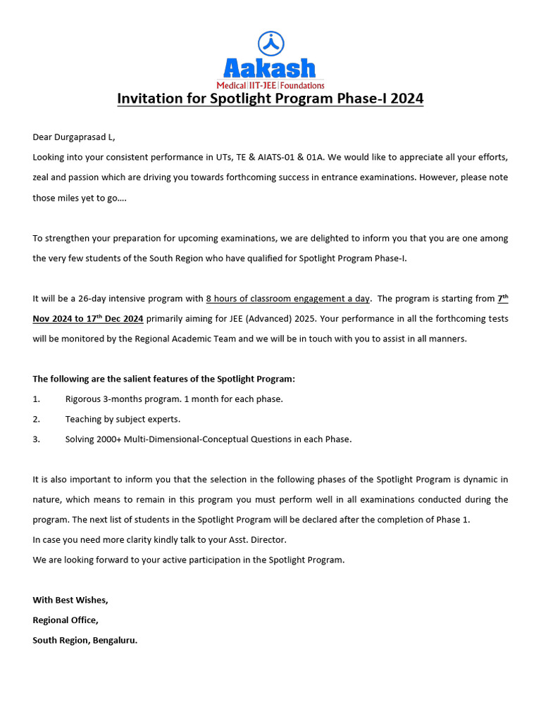 Spotlight Program Phase-I Invitation 2024 | PDF