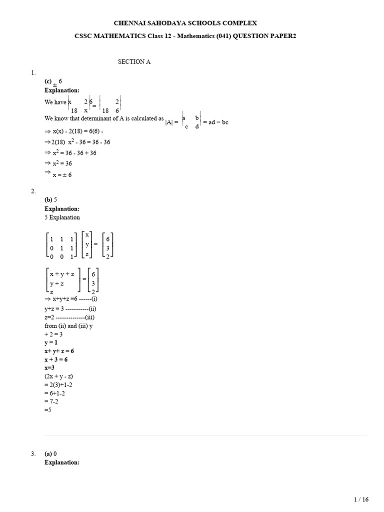 Class 12 CSSC RKR Mathematics Answer Key2 For QP2 | PDF | Function (Mathematics) | Mathematics