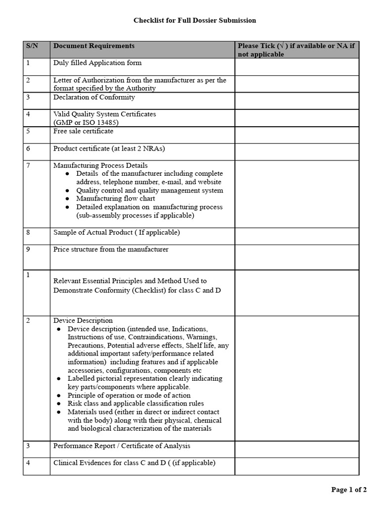 Full Dossier Submission Checklist | PDF | Quality Management System