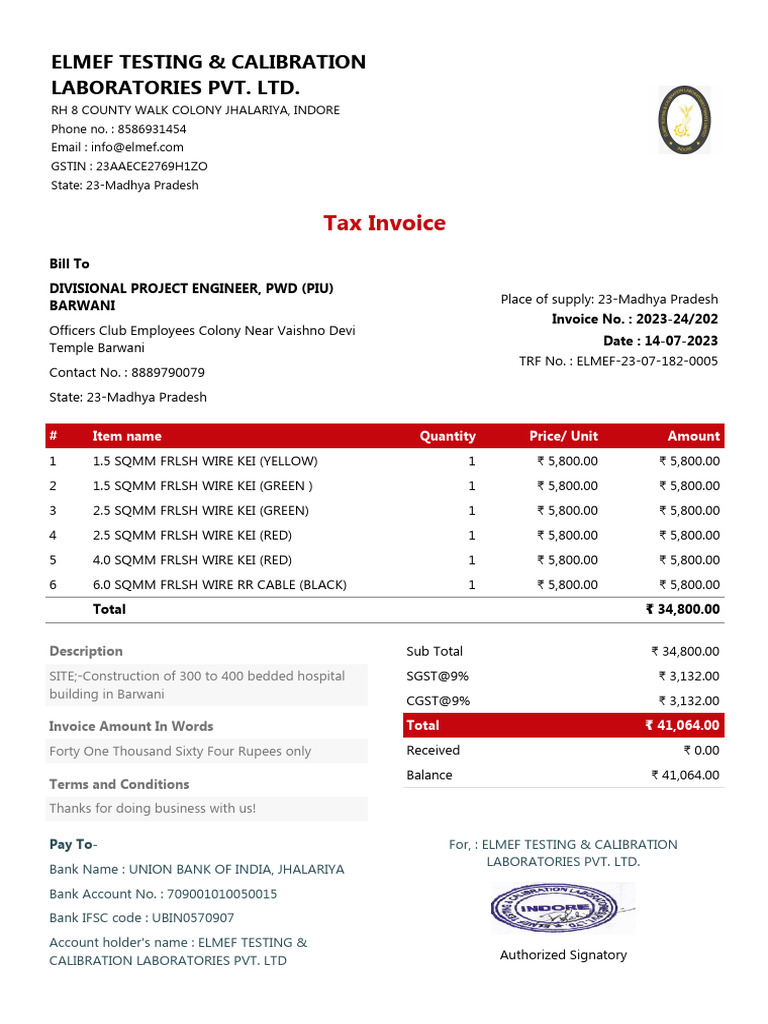 ELMEF Invoice for PWD Barwani Project | PDF | Economies | Payments