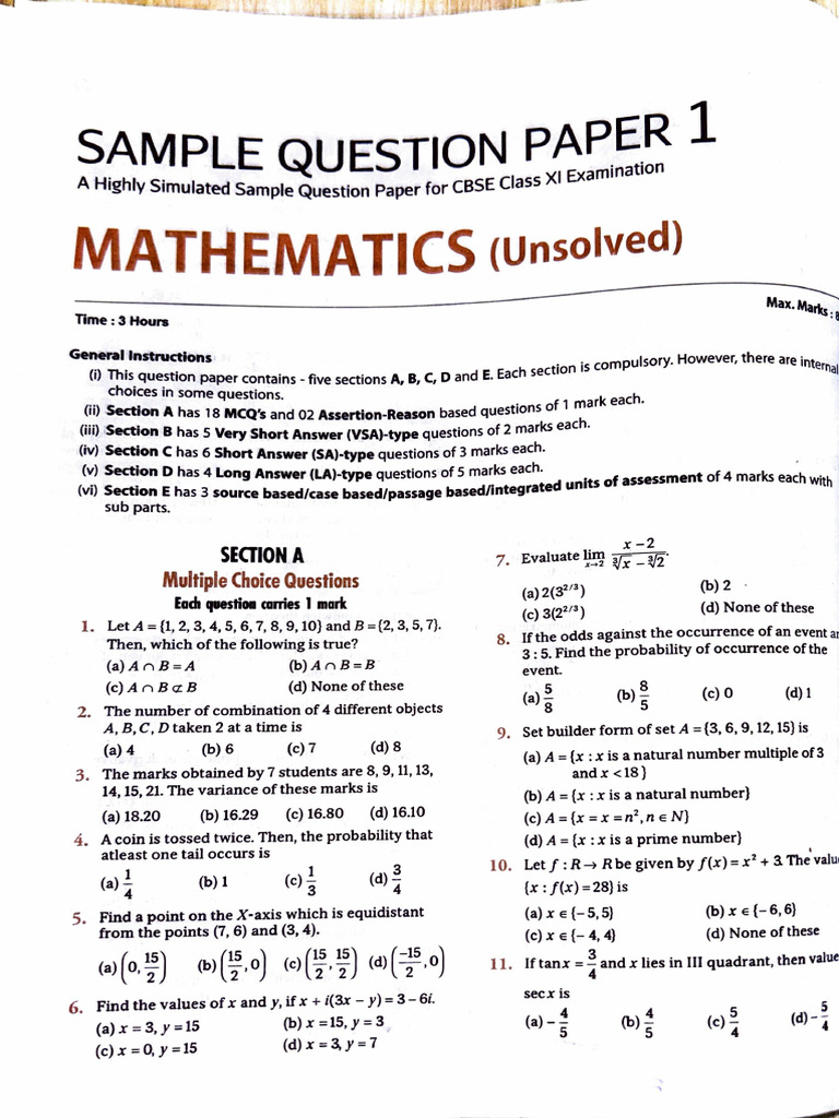 math sample paper class 11 | PDF | Evaluation Methods | Standardized Tests