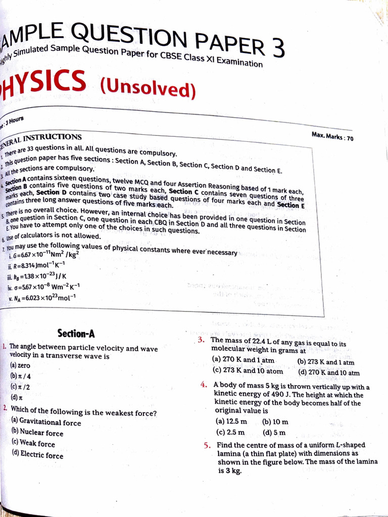 Phy Sample Paper Class 11 | PDF | Acceleration | Gases