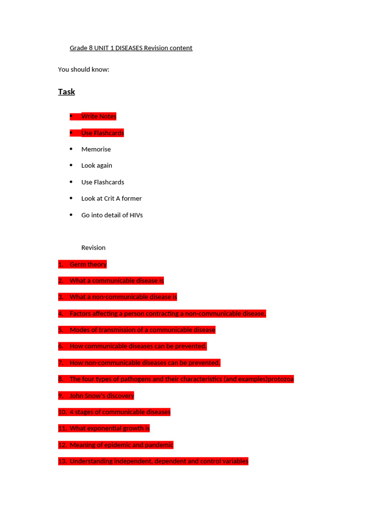 Grade 8 Diseases Revision Guide | PDF