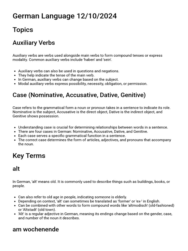 German Language Grammar and Vocabulary Guide | PDF | Verb | Grammatical ...