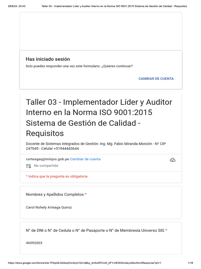Examen - Implementador Líder y Auditor Interno en La Norma ISO 9001 - 2015 Sistema de Gestión de ...