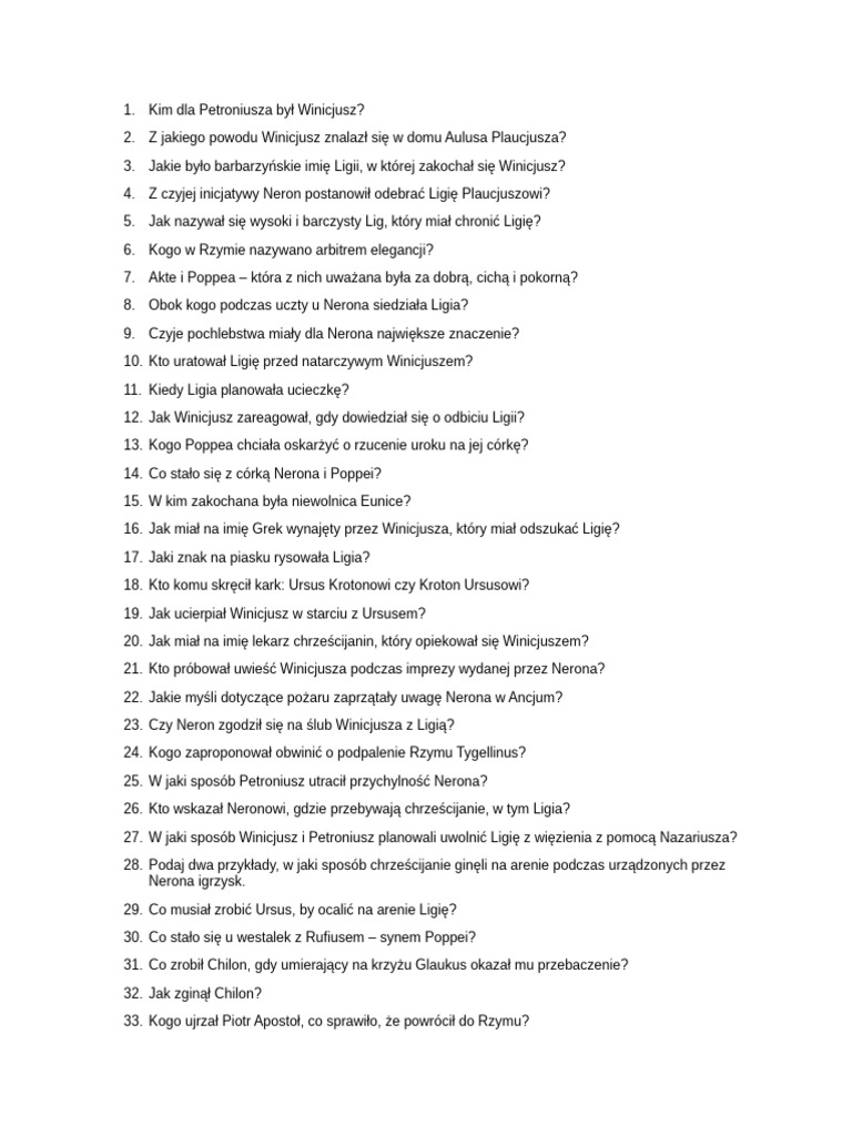 Quo Vadis - Pyt Odp Sprawdzian Znajomości Lektury | PDF