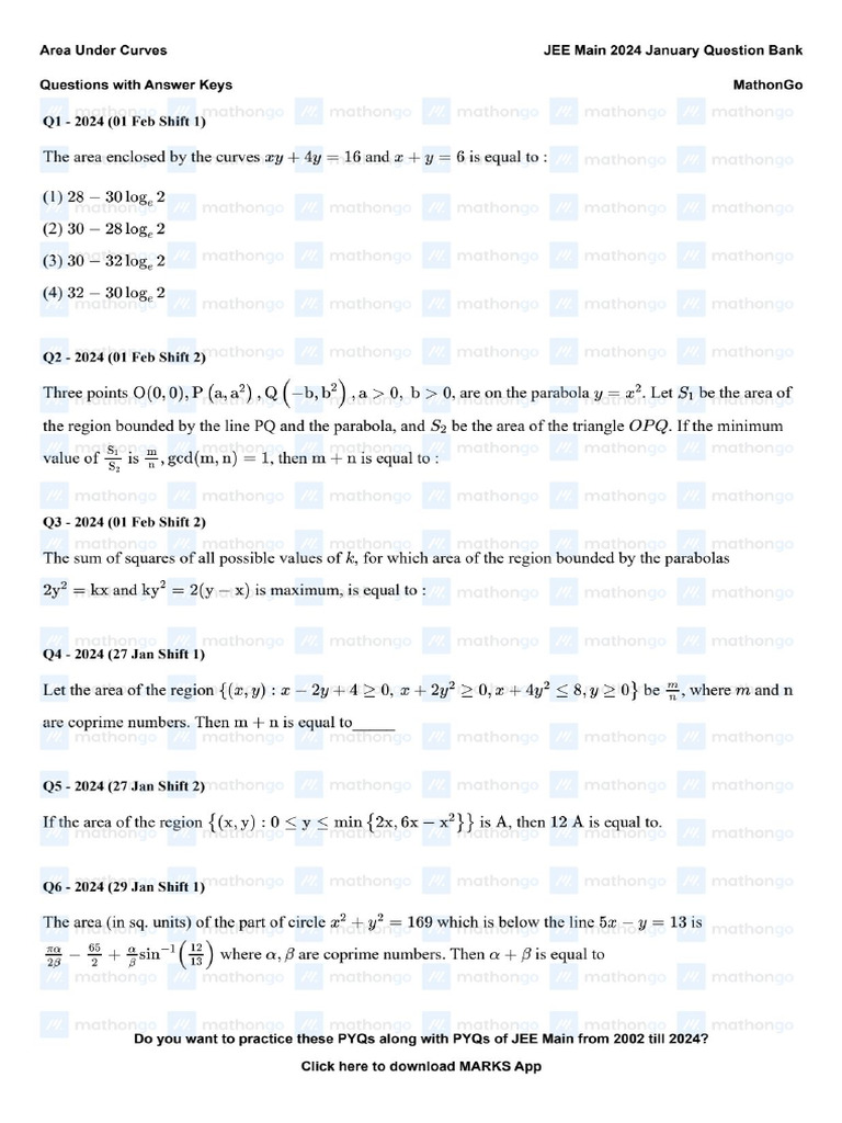 Area Under Curves - JEE Main 2024 January Question Bank - MathonGo-1 | PDF