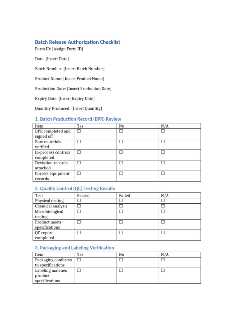 Batch Release Authorization Checklist | PDF
