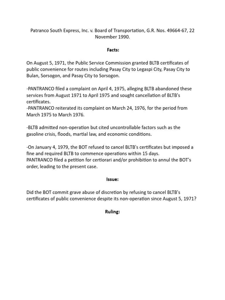 Patranco South Express, Inc. v. Board of Transportation | PDF