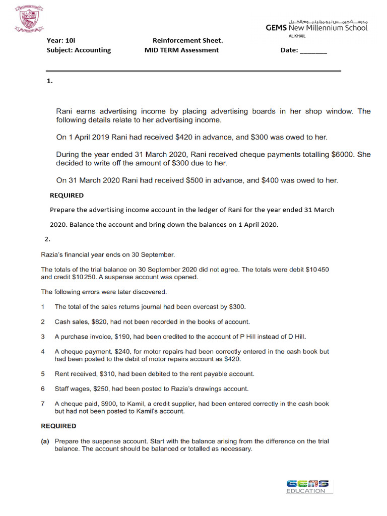 Reinforcement Sheet Accounting Year 10 MID TERM April 2024 | PDF