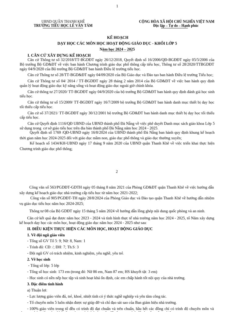 KHDH CAC MON HOC, HOAT DONG GD LỚP 5 - TH LVT - NĂM HỌC 2024-2025 | PDF