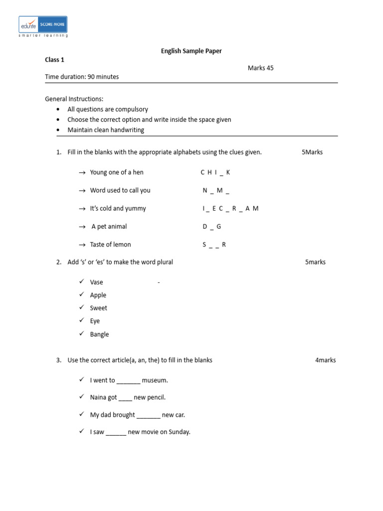 Class 1 ICSE English Sample Paper | PDF