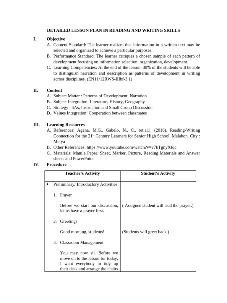 Detailed Lesson Plan in Reading and Writing Skills Patterns of ...