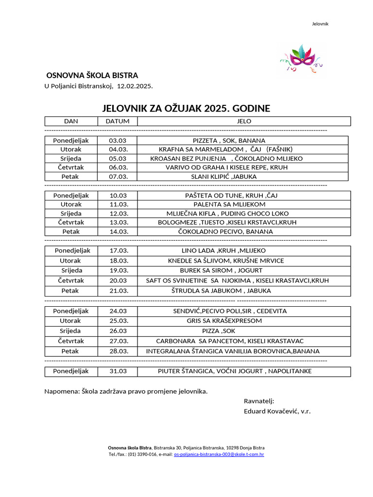Jelovnik Ozujak 2025 | PDF