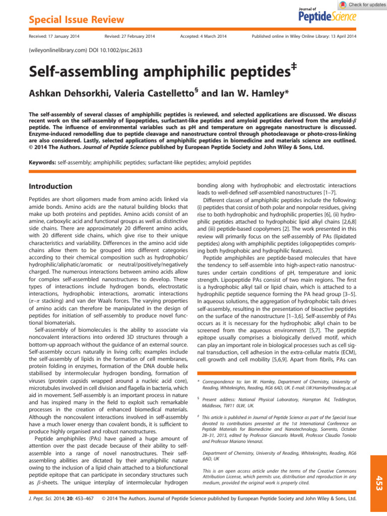 Journal of Peptide Science - 2014 - Dehsorkhi - Self Assembling Amphiphilic Peptides | PDF ...