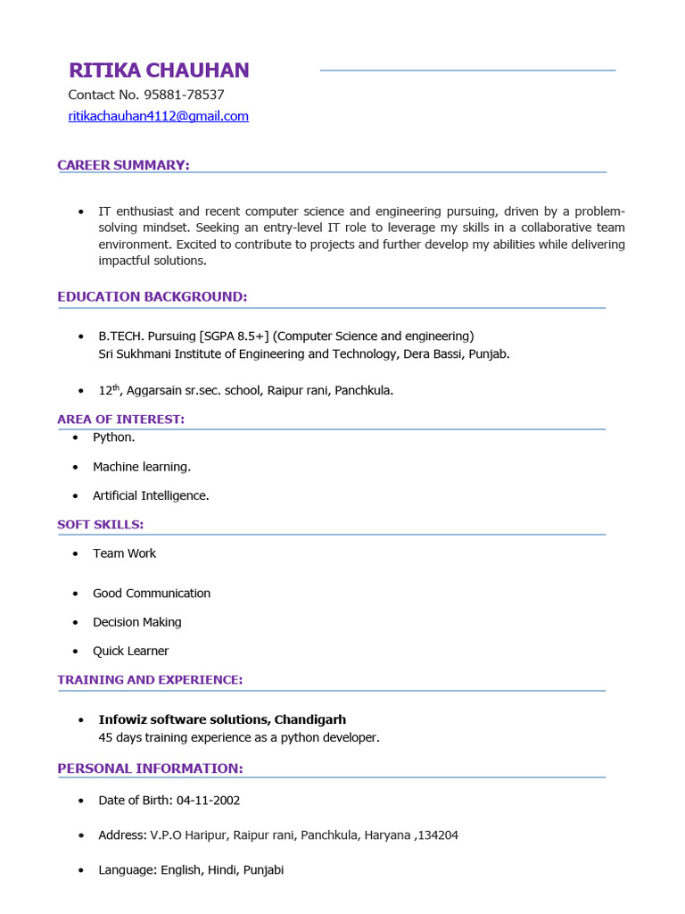 Ritika's CV CLG | PDF