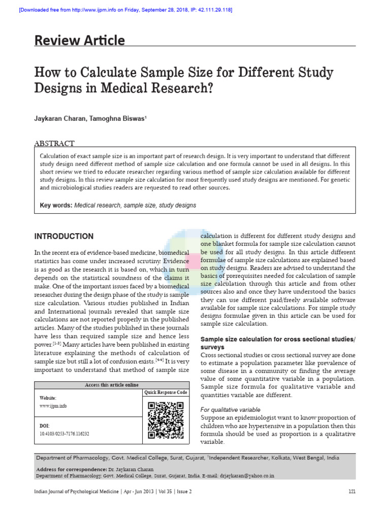 Sample Size Calculation in Medical Research | PDF | Sample Size Determination | Sampling ...