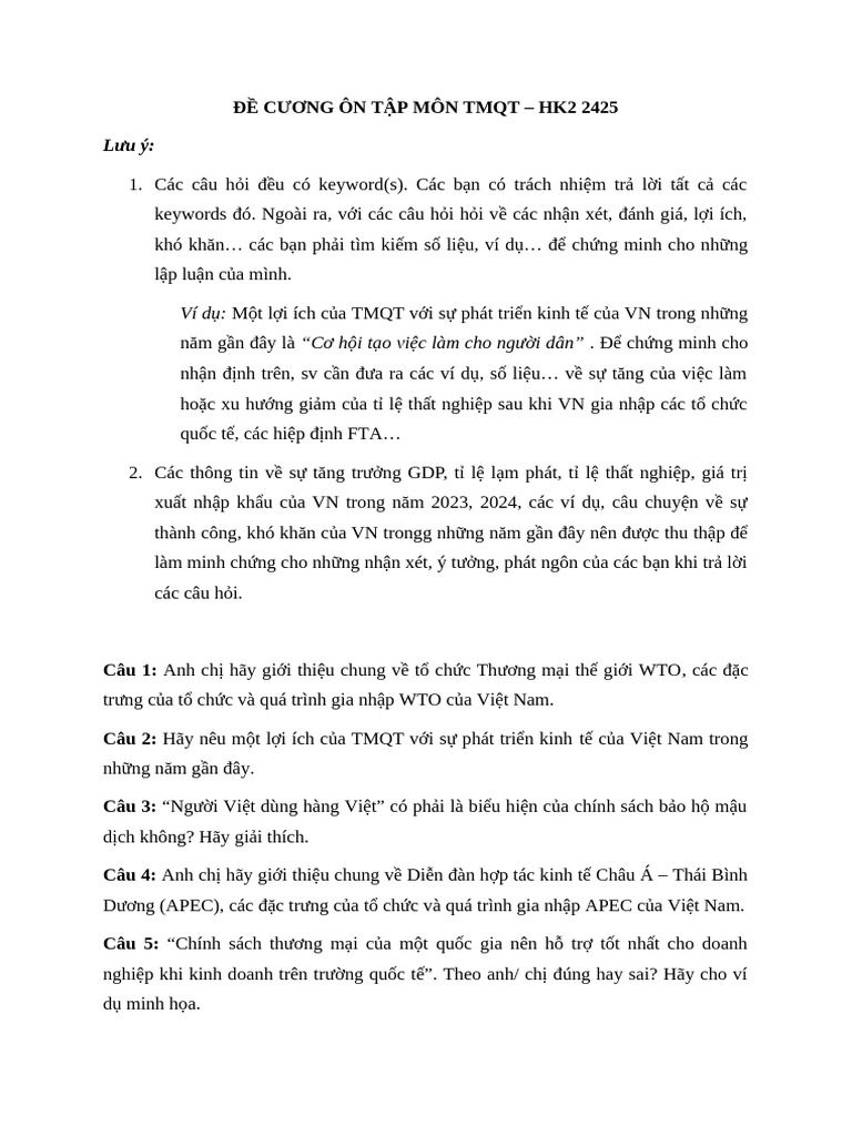 ĐỀ CƯƠNG ÔN TẬP MÔN TMQT | PDF