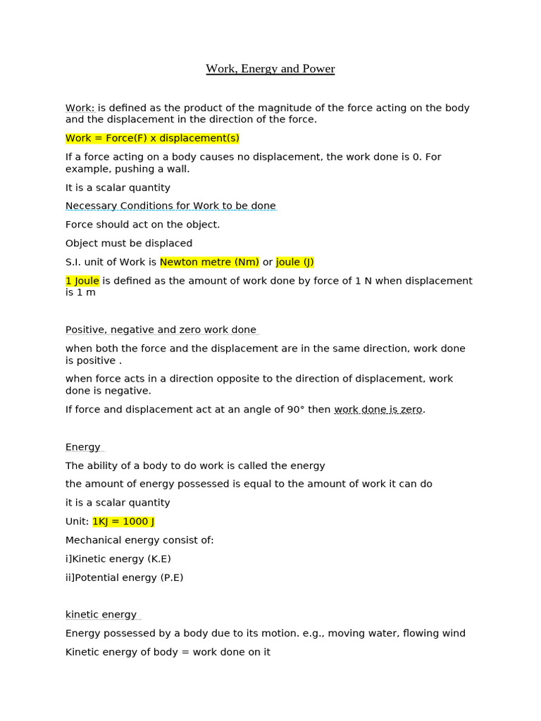 Work, Energy and Power Class Notes | PDF | Force | Watt