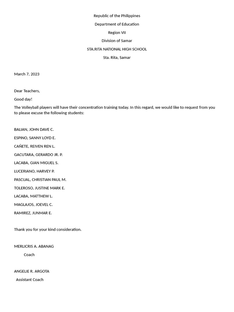 Excuse Letter For Athletes Vollyball Boys | PDF