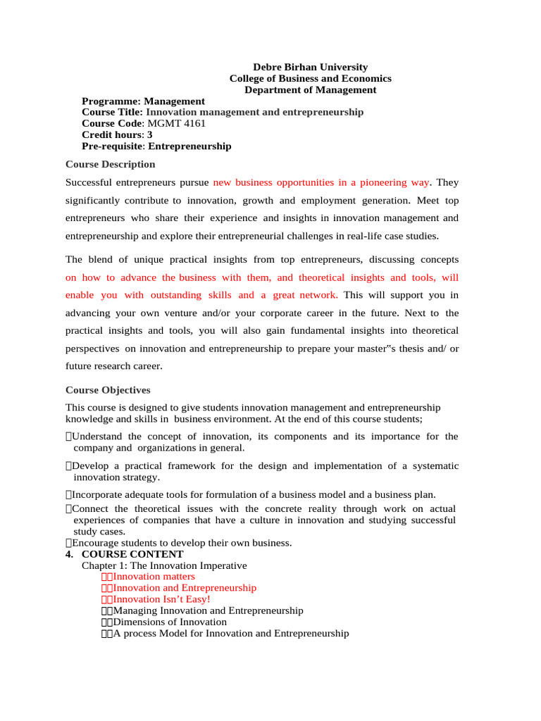 Innovation Management Course Outline | PDF | Entrepreneurship | Innovation