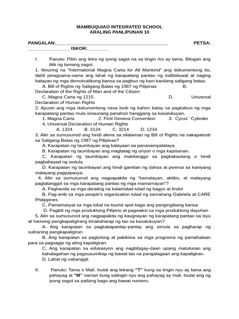 Karapatang Pantao Quiz | PDF