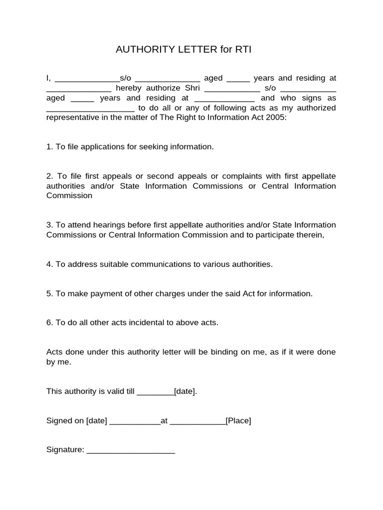 AUTHORITY LETTER for RTI | PDF