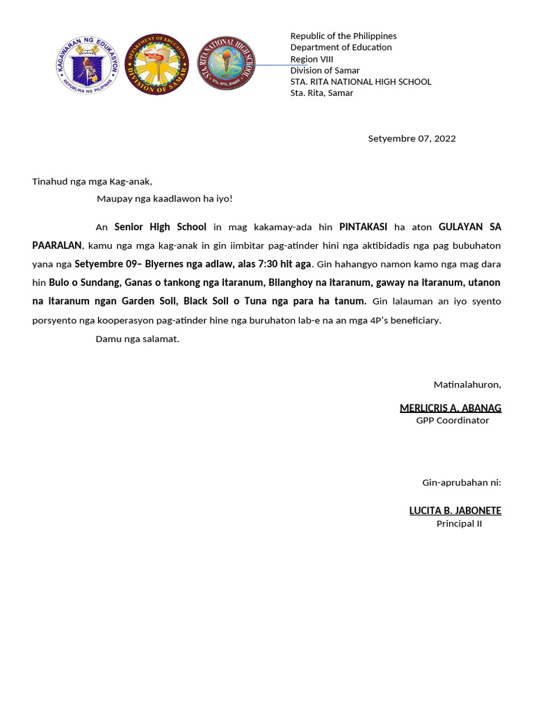 Shs Letter-Pintakasi | PDF