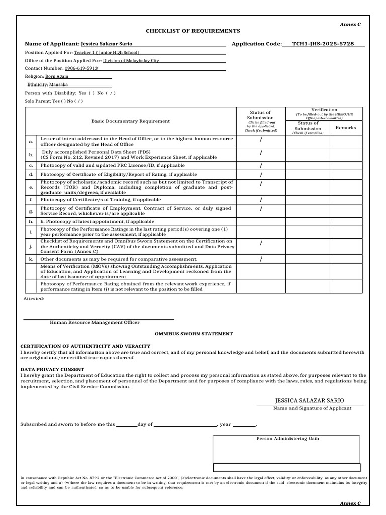 Teacher Application Requirements Checklist | PDF | Authentication | Verification And Validation