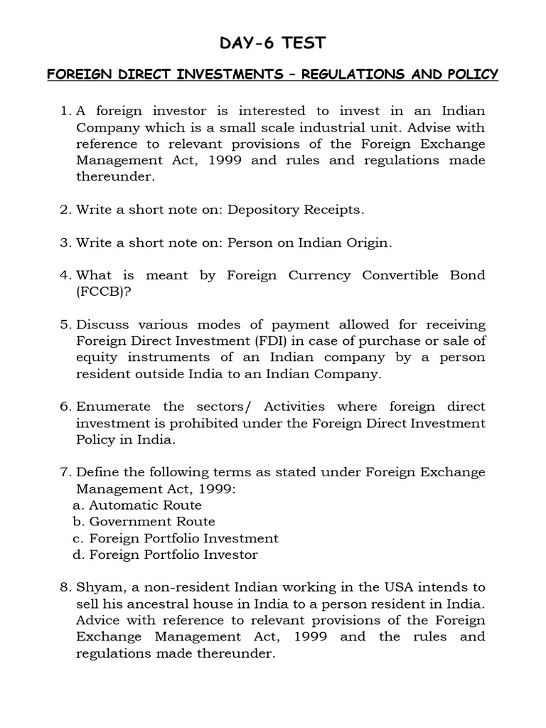 DAY-6 Test - Foreign Direct Investments - Regulations & Policy | PDF