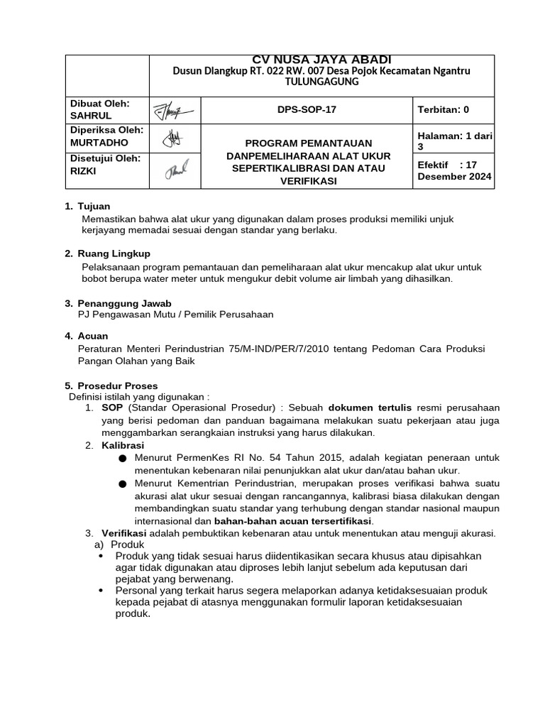 DPS-SOP-17-Progam Pemantauan Dan Pemeliharaan Alat Ukur Seperti Kalibrasi Dan Verifikasi | PDF