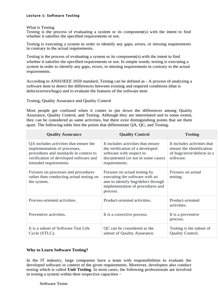 Lecture 1 Software Testing Pdf Software Testing Software Development Process