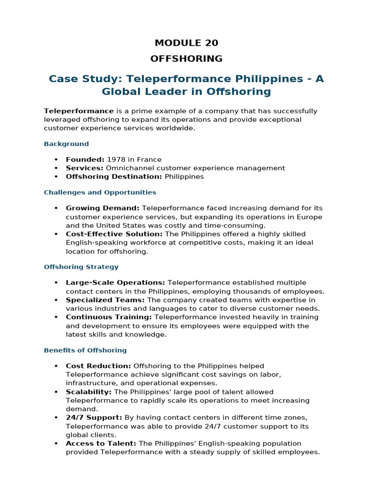 Case Studies Examples of Outsourcing | PDF | Offshoring | Outsourcing