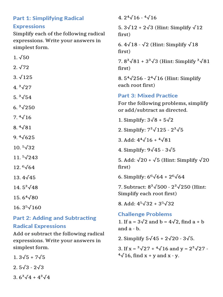 Simplifying Radical Expressions Worksheet | PDF