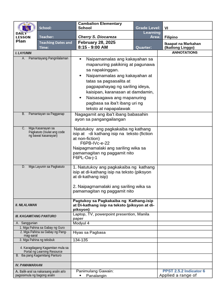 Quarter 4 Filipino 6 Lesson Plan | PDF
