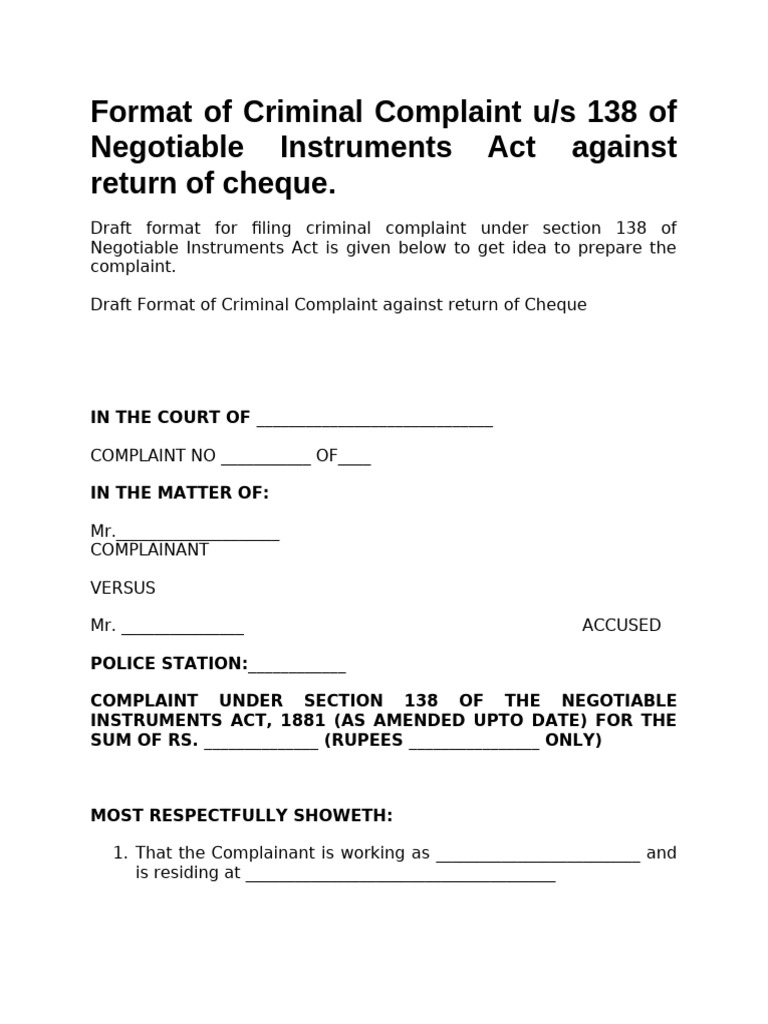 Criminal Complaint 138 of Negotiable Instruments Act Against Return of Cheque | PDF | Cheque ...
