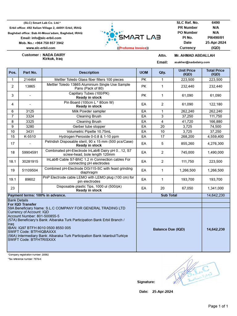 6490 - 02 - IQD - SLC Proforma Invoice | PDF | Banking
