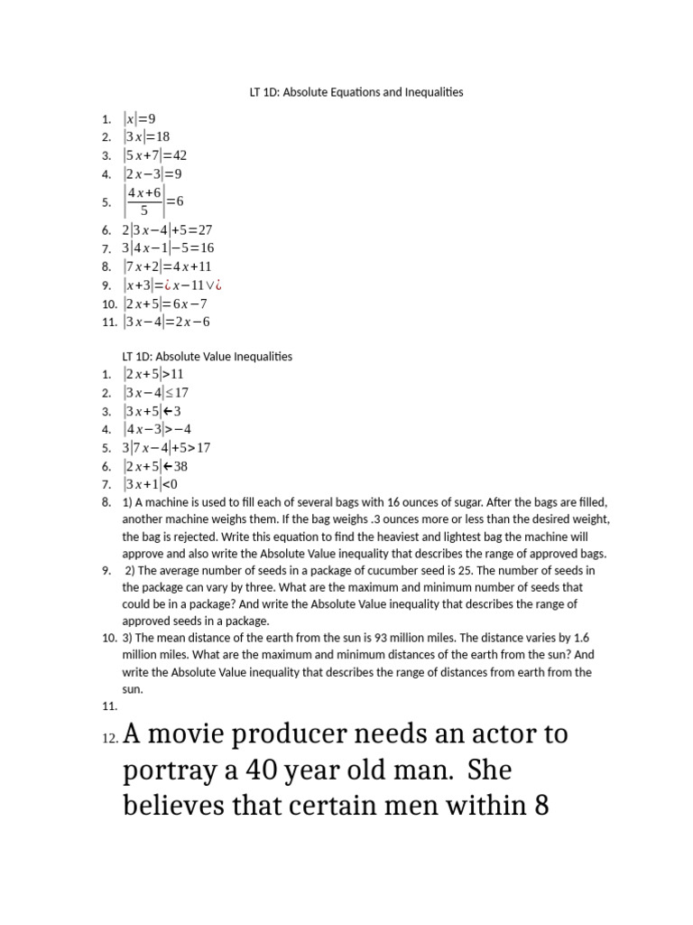 LT 1D Equation and Inequalities Note Problems | PDF | Inequality ...