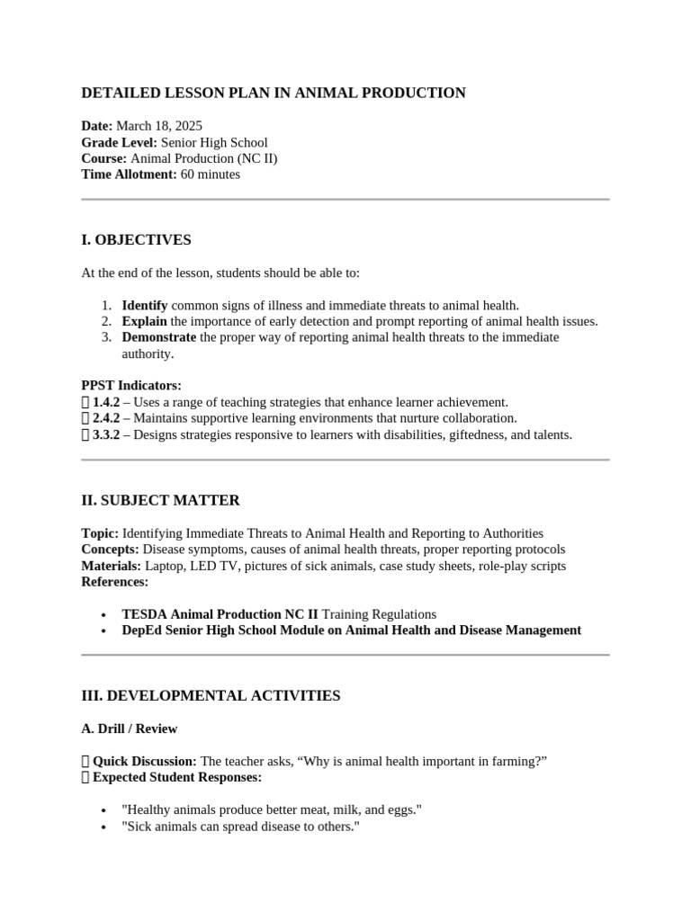 Detailed Lesson Plan in Animal Production - CGPT | PDF | Learning | Lesson Plan