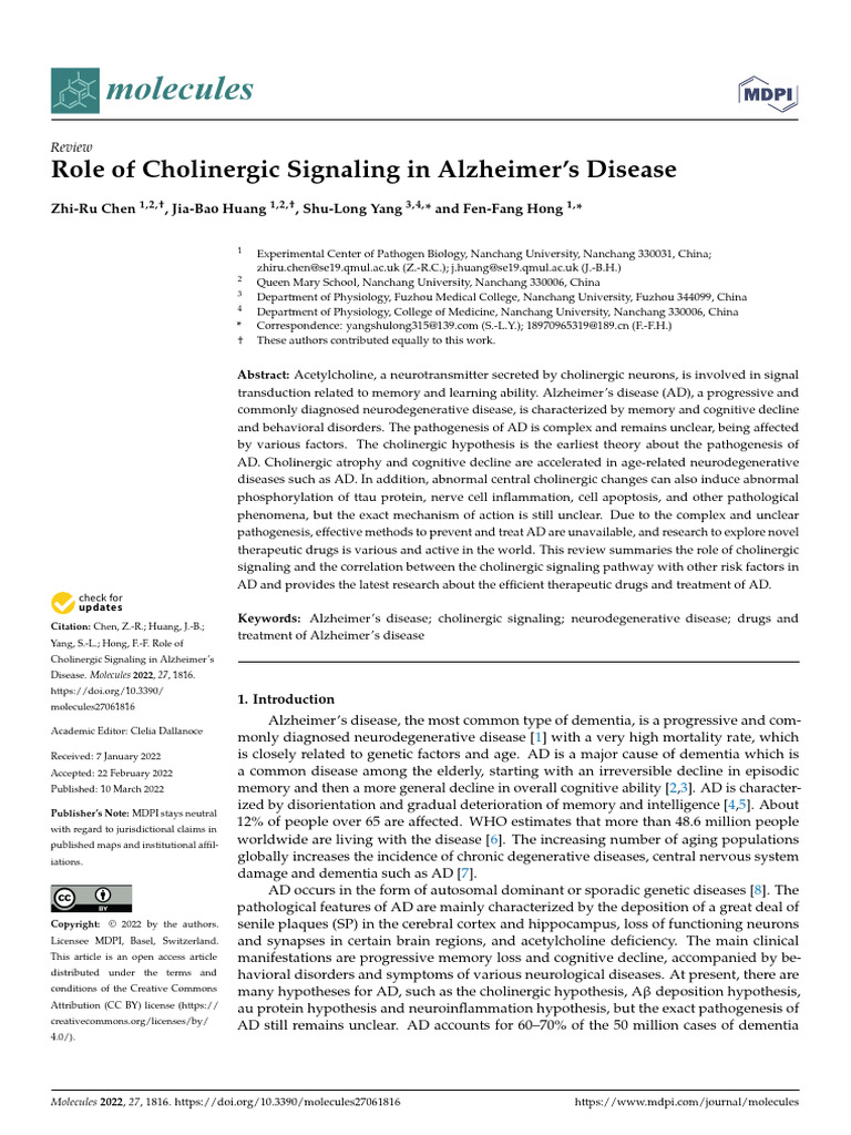 Chen 2022 Role of Cholinergic Signaling in Alzheimer's Disease | PDF ...