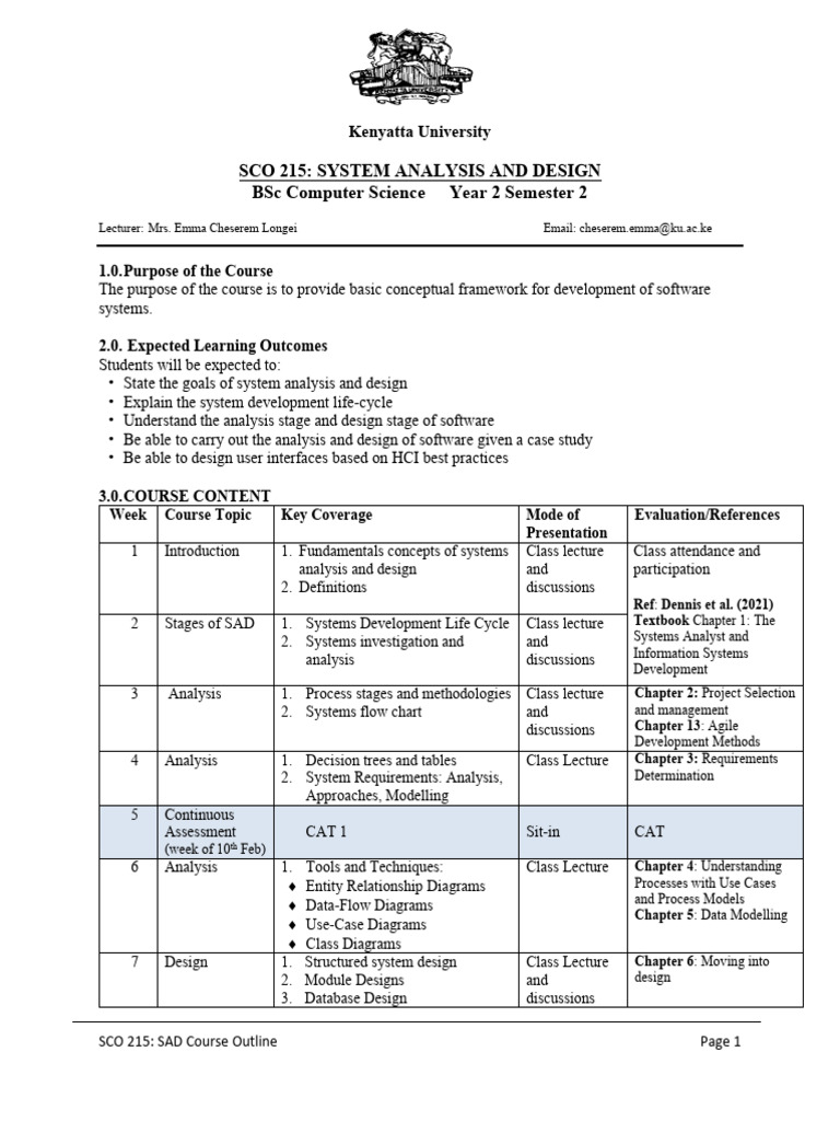 SCO 215: System Analysis Course Outline | PDF | System | Computing