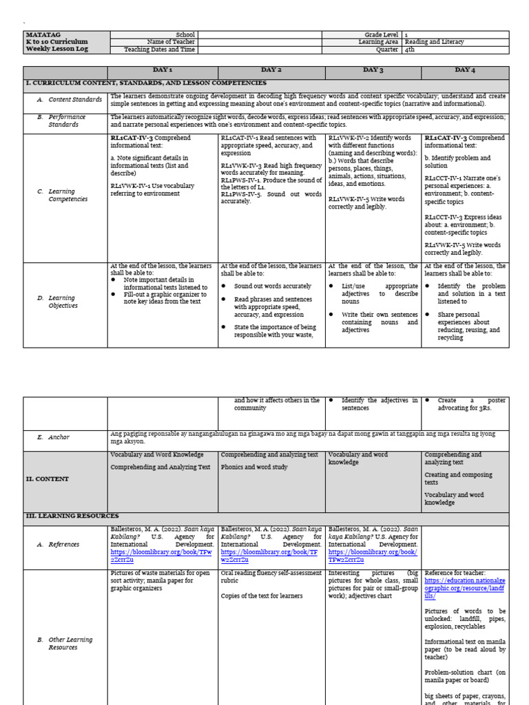 LE Q4 Week2 Reading and Lit v1 | PDF | Learning | Human Communication
