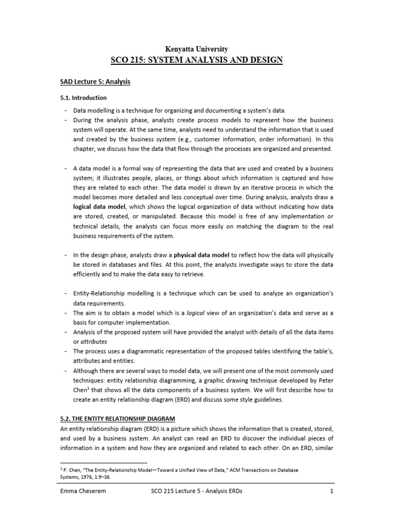 SCO 215 Lecture 5 Analysis ERDs | PDF | Conceptual Model | Data Model