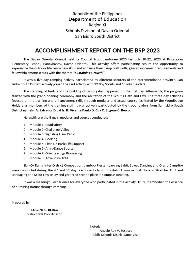 Accomplishment Report on the BSP GSP ENC | PDF | Scouting | Outdoor ...