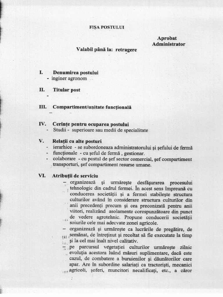 Fisa Post Inginer Agronom | PDF