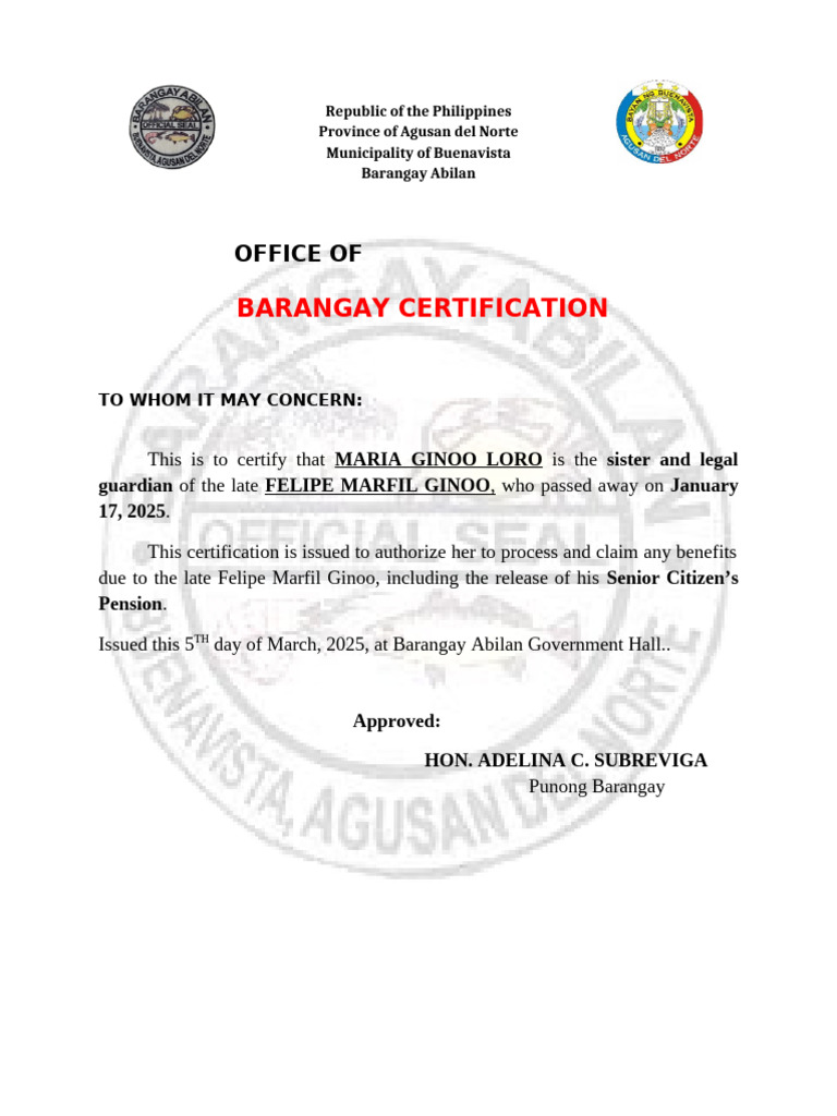 BARANGAY Certification | PDF