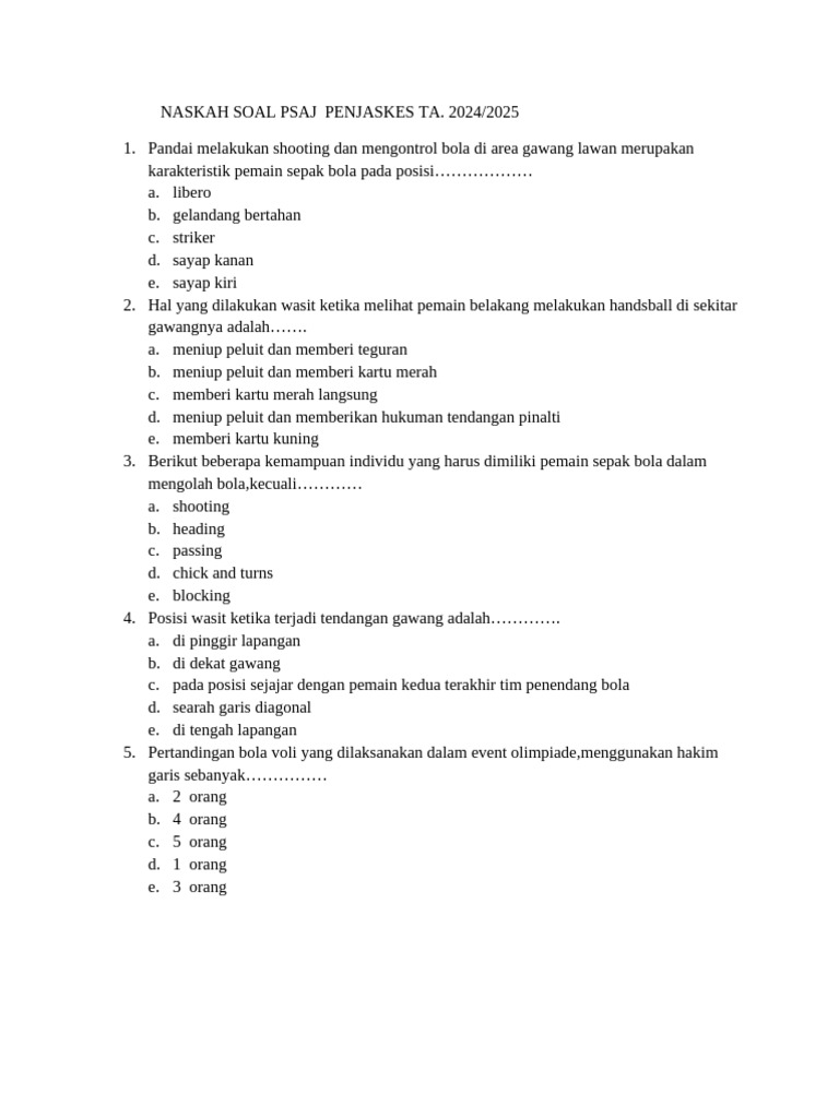 Naskah Soal Psaj Penjas 2024.2025 | PDF