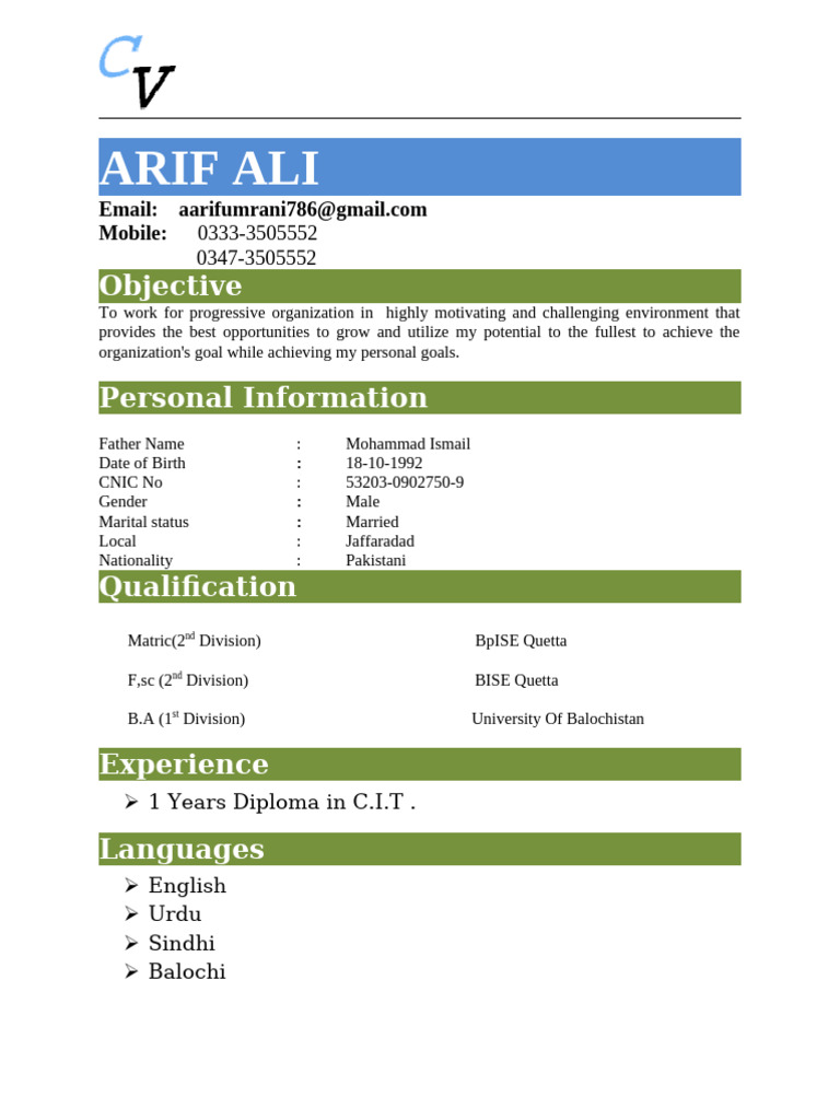 Arif Ali's Urdu CV and Qualifications | PDF
